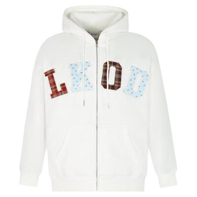 LKOD格子碎花贴布情侣拉链帽衫