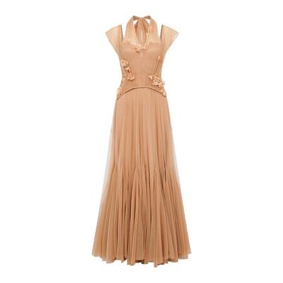 重磅蕾丝鱼骨挂脖大摆网纱连衣裙