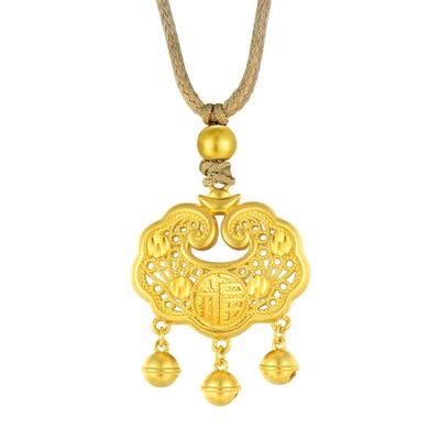 周大生黄金吊坠女古法足金如意福字锁包项链挂坠生日礼物送女朋友