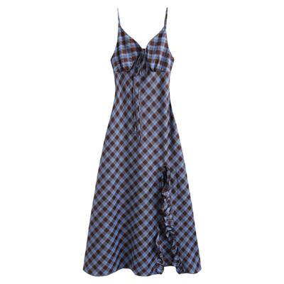 西町村屋木耳边吊带连衣裙女2025秋季新款复古长款裙子XAAC10259