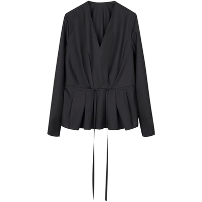 LESS春秋丝羊毛精纺衬衣女V领收腰打褶通勤长袖短款衬衫2O7212910