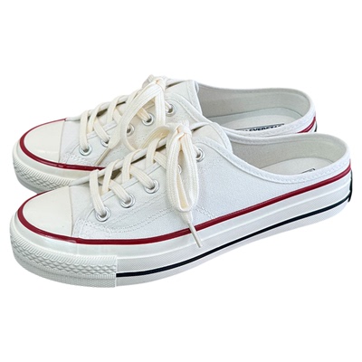 半拖白色复古男女同款透气帆布鞋