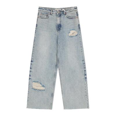 RECTO 秋冬新款女士时尚休闲简约破洞阔腿牛仔裤银泰百货精品