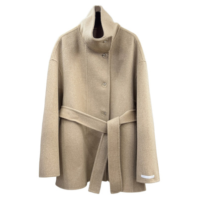 金米驼色立领双面羊毛大衣女短款小个子秋冬新 a型单排扣毛呢外套