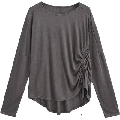 长袖百搭薄款侧边抽绳不对称T恤