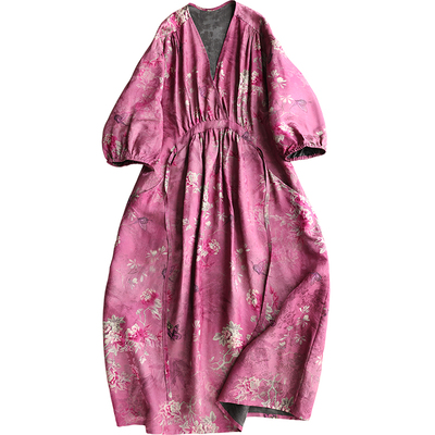 云澍交织香云纱印花系带连衣裙