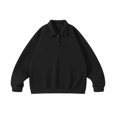 420g重磅黑色翻领长袖无帽卫衣男款春季宽松套头POLO衫上衣男新款