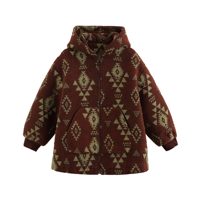 砚台家童装男童复古红色毛呢外套2025冬季新款儿童连帽加厚上衣潮