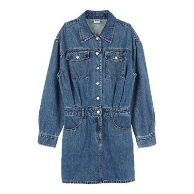 A21女装翻领小落肩长袖连衣裙