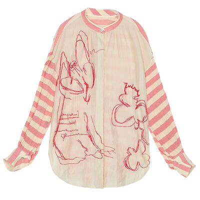 谜底绣花衬衫长袖女2025春新品复古文艺风条纹拼接衬衣251MC0125