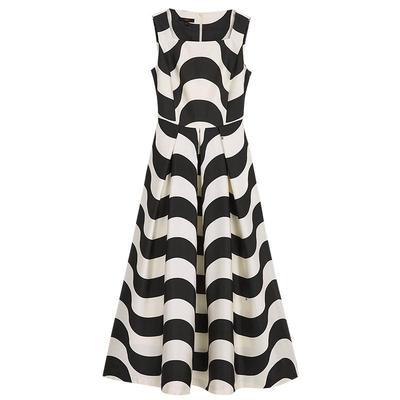 YINER音儿秋羊毛桑蚕丝方领撞色黑白波浪印花连衣裙