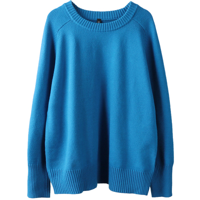 宝蓝色毛衣针织衫大码女圆领宽松