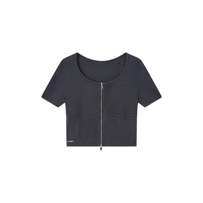 Jamor灰色大圆领短袖T恤2025年春装新款精致短款拉链时尚上衣加墨