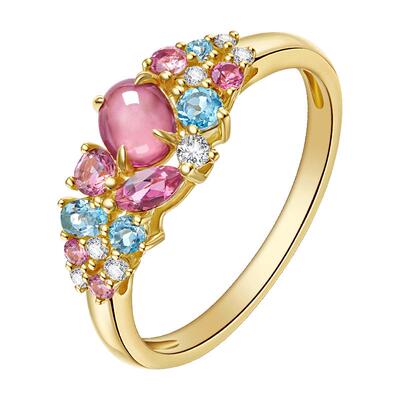 ILCO尤珂「和彩花吟」18K金天然蛋面碧玺戒指多色彩宝托帕石排戒