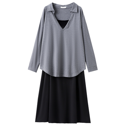 休闲简约纯色v领上衣吊带裙套装