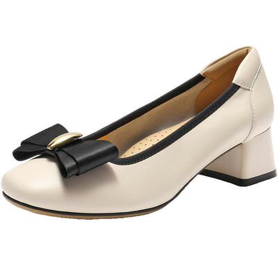 百丽女鞋子粗高跟鞋女春季新款真皮不累脚妈妈浅口单鞋D8Q1DAQ5