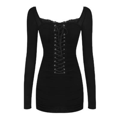 Mess Studio 辣妹设计感修身绑带收腰包臀方领黑色连衣裙女春秋