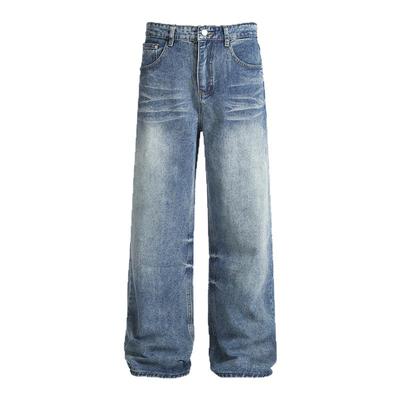 YORAINBOW 浅蓝色cleanfit猫须牛仔裤潮牌宽松男女同款复古阔腿裤