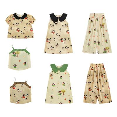 幼悠女童卡通印花系列2025夏季撞色翻领连衣裙宽阔直筒裤多件套潮