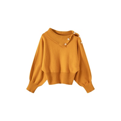 翻领泡泡袖宽松套头毛针织衫