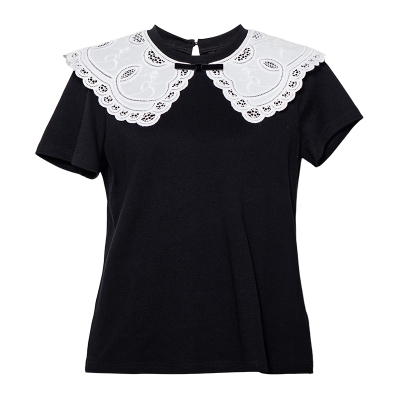 罗衣法式绣花拼接针织T恤