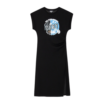 短袖连衣裙女士收腰印花开叉