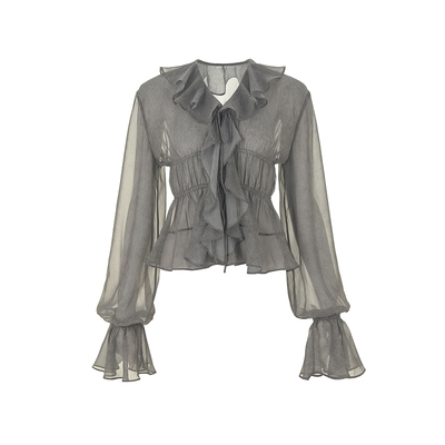 wanatry荷叶边领灰绿色系带上衣