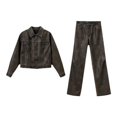 SNU 原创复古机车皮衣套装女高级感春季夹克外套/休闲皮裤两件套
