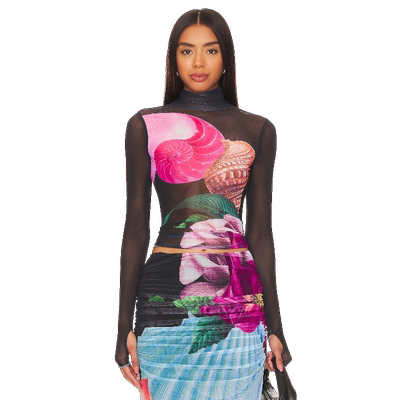 AFRM长袖T恤高领印花透视叠穿打底防晒上衣REVOLVE时尚小众新款