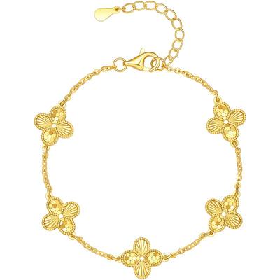 周六福四叶草手链女黄金色手饰S925银百搭时尚送女友本命年礼物