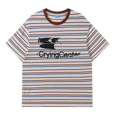 CryingCenter 故障LOGO汉麻条纹宽松T恤夏日短袖 哭喊中心