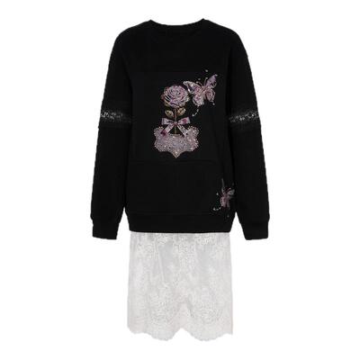 TCH私服烫钻时尚休闲卫衣蕾丝拼接连衣裙女25秋季新款T75C30B1008