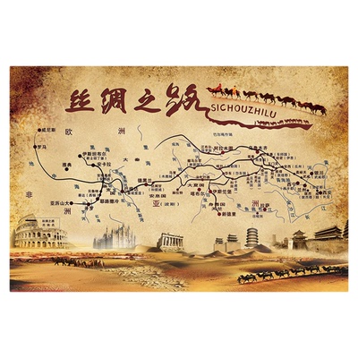 丝绸之路地图沙漠壁画历史古代文化贸易壁纸怀旧路线餐厅背景墙纸