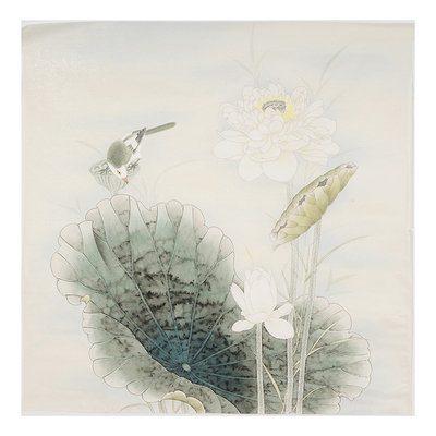 四尺荷花小鸟国画纯手绘无款斗方