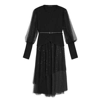 sdeer圆领收腰网纱两件套连衣裙