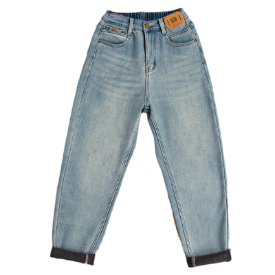 浅蓝哈伦加绒牛仔裤女加厚大码胖MM2025秋冬松紧腰萝卜加长老爹裤