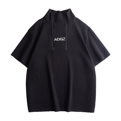 AOGZ双拉链立领短袖t恤男女夏季高领户外美式机能风情侣半袖上衣