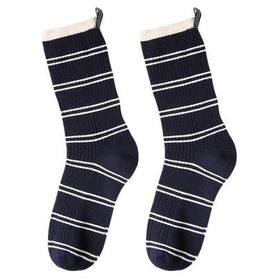 韩国吸汗女棉条纹净版布标中筒袜