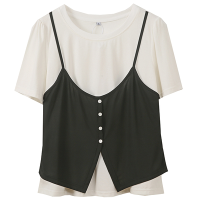 小个子时尚显瘦百搭风假两件T恤