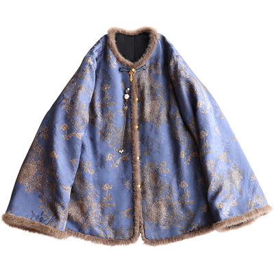 云澍新中式花罗红云纱水貂毛棉衣