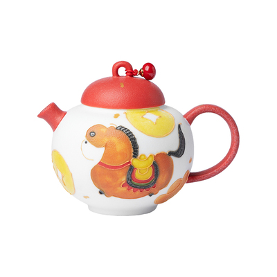 梵汝手绘马上有钱圆肚茶壶中式陶瓷泡茶壶精致家用功夫茶具手执壶