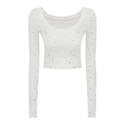 Mess Studio 辣妹蕾丝U领露脐上衣修身显瘦内搭短款长袖T恤女春秋