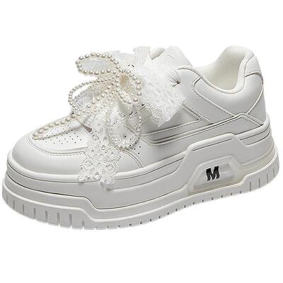 MIO米奥休闲板鞋春季新款蕾丝透气6.5cm厚底增高运动小白鞋女