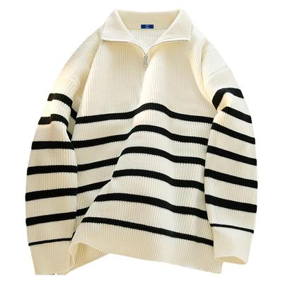捷尼拉莫GENIOLAMODE针织衫男冬季polo领慵懒风条纹半拉链毛衣男
