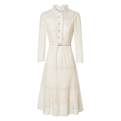 koradior珂莱蒂尔通勤百搭长袖木耳边蕾丝连衣裙