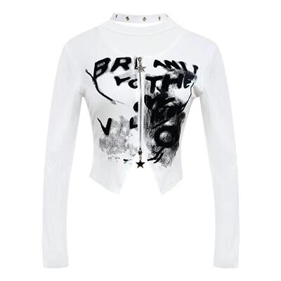 开衫拉链长袖t恤女纯欲短款上衣