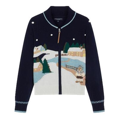 TeenieWeenie小熊奥莱绵羊毛针织开衫春秋时髦短款撞色女拉链毛衣