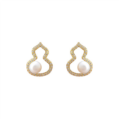 高级感淡水珍珠微镶钻葫芦耳钉无耳洞耳夹女气质过年耳饰S925银针