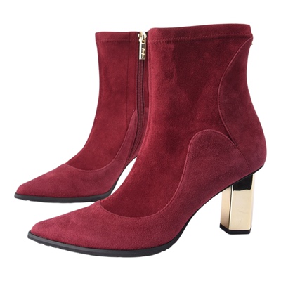 恋尚萝莎酒红色尖头冬季羊皮短靴