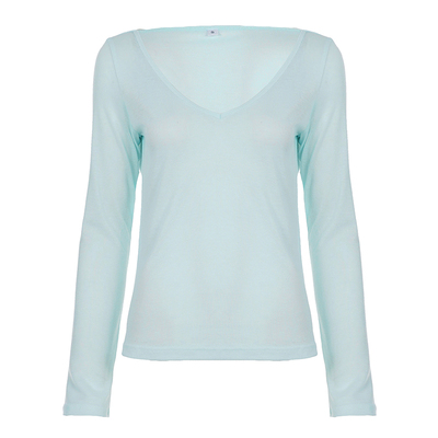 慵懒美式清爽浅蓝色V领长袖T恤女